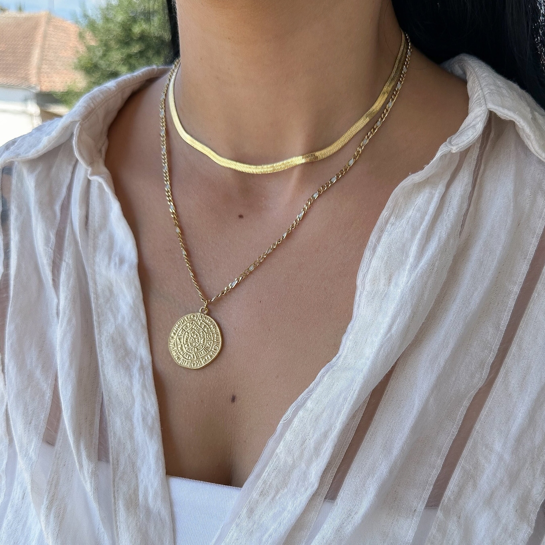Gold Large Coin Necklace, Delicate Layering Boho Necklace, Thin Chain ...