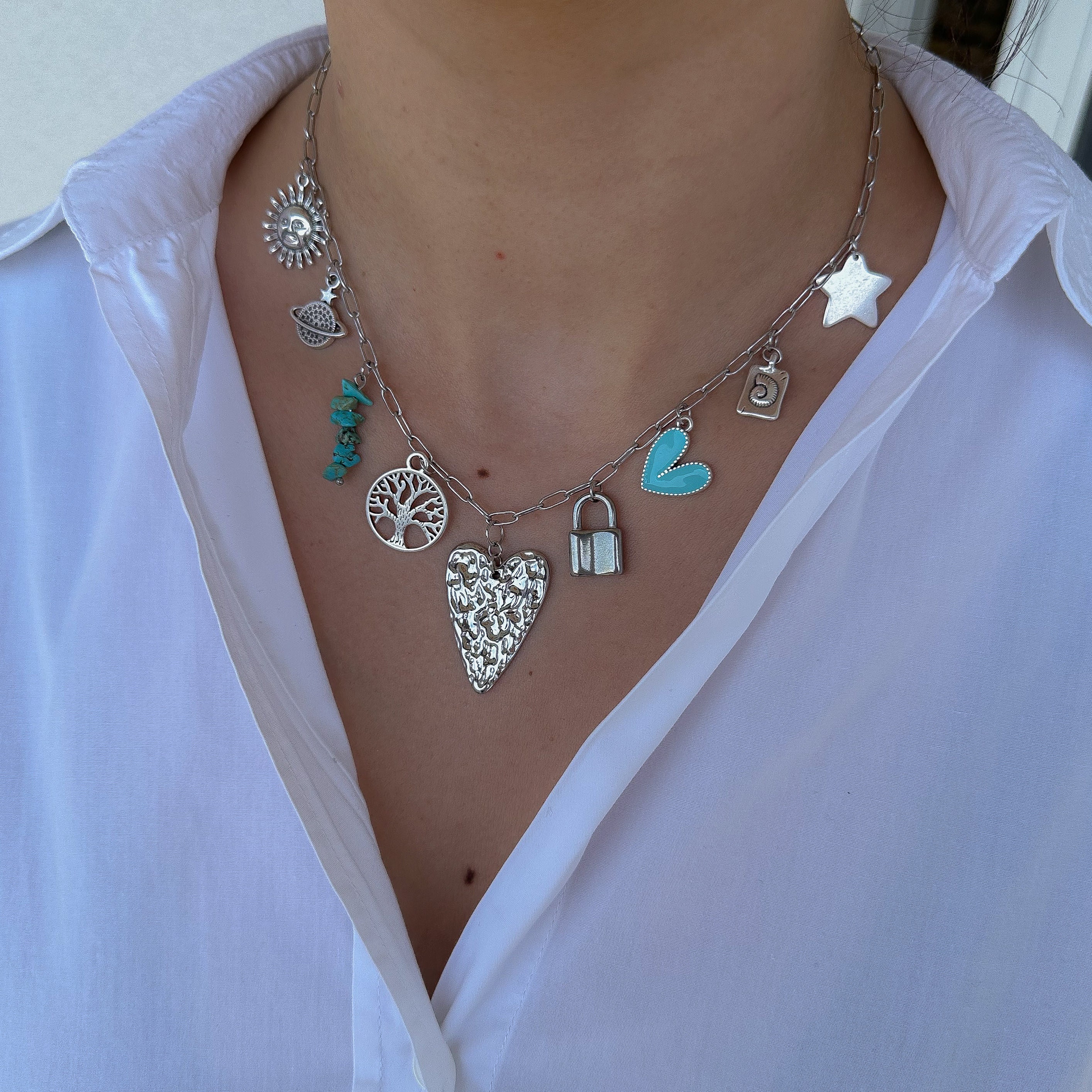 Charm Necklace Chunky, Silver Charm Necklace, Vintage Custom Charm ...