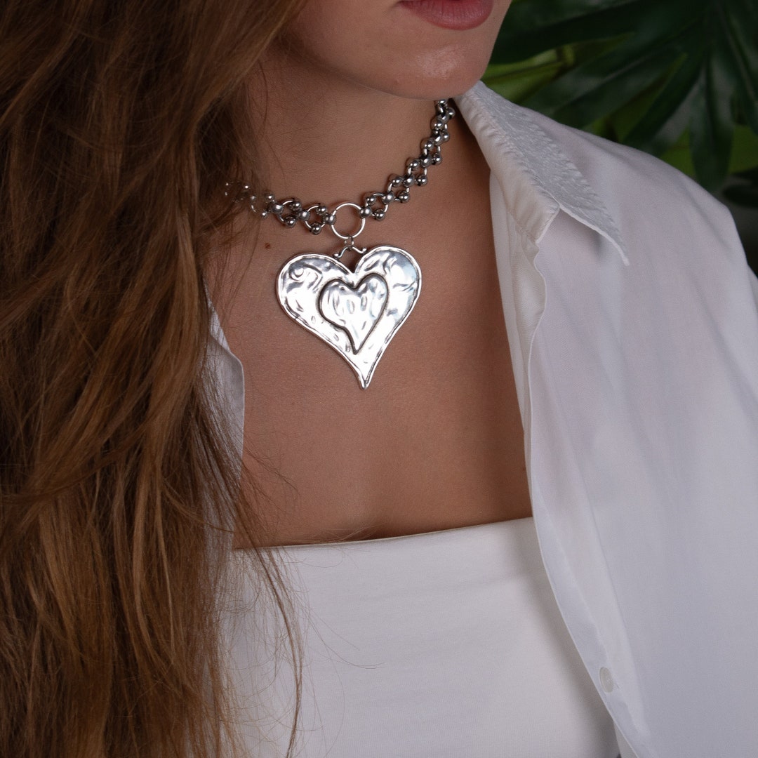 Extra Large Heart Necklace, Statement Bold Choker Necklace, Big Pendant ...