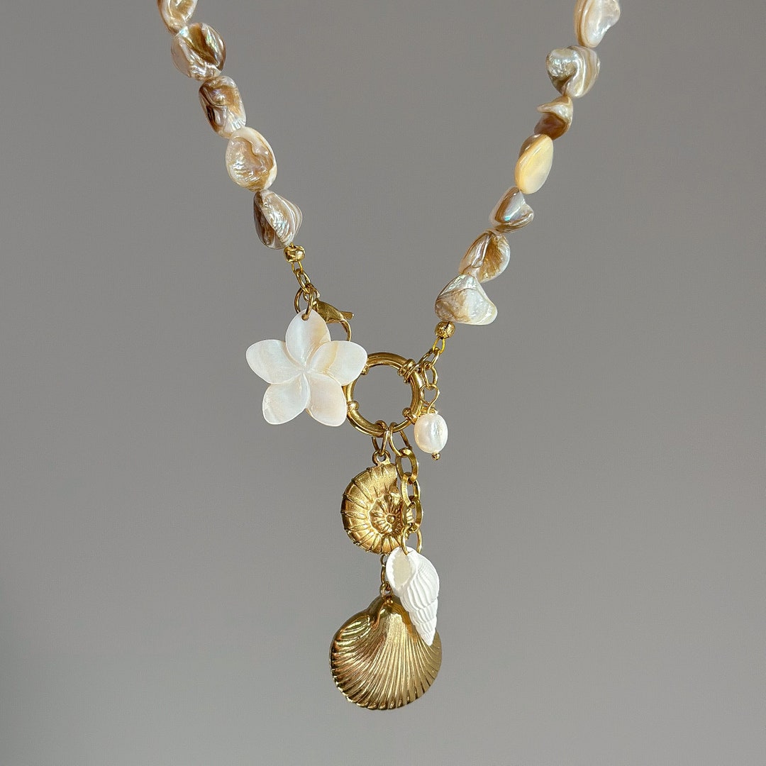 Boho Bridal Beach Wedding Necklace, Real Shell Necklace, Gold Nautilus ...