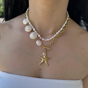 Gold Chunky Charm Necklace, Summer Natural Shell Necklace, Gold Stack Charm Necklace, Mermaid ...