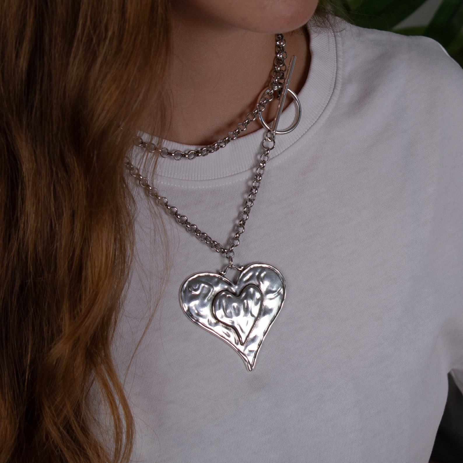 Statement Necklace, Large Silver Heart Pendant, Double Chain Wrap ...