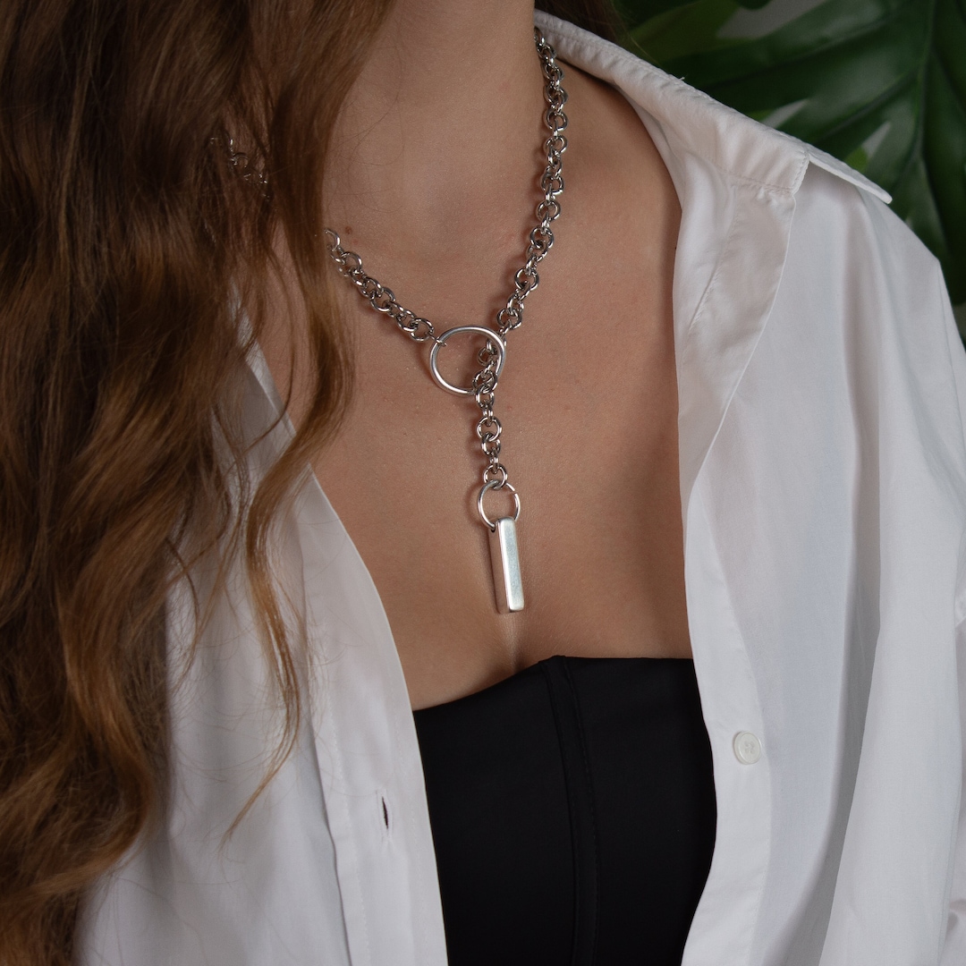 Long Silver Bar Necklace, Lariat Necklace, Bold Chain Chunky Pendant ...