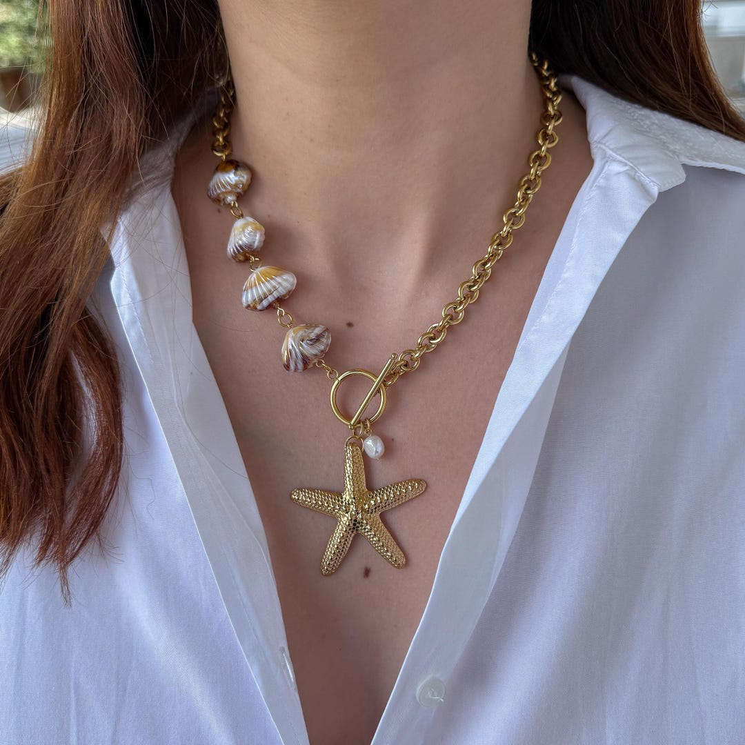Starfish Necklace, Gold Summer Necklace, Big Starfish Pendant Necklace ...
