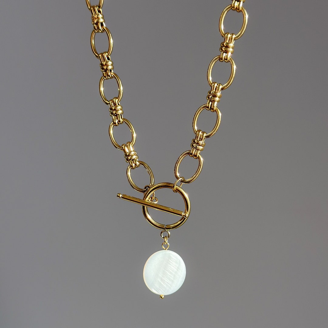 Chunky Shell Necklace, Gold Oval Chain Necklace, Heavy Large Chain, 18k ...