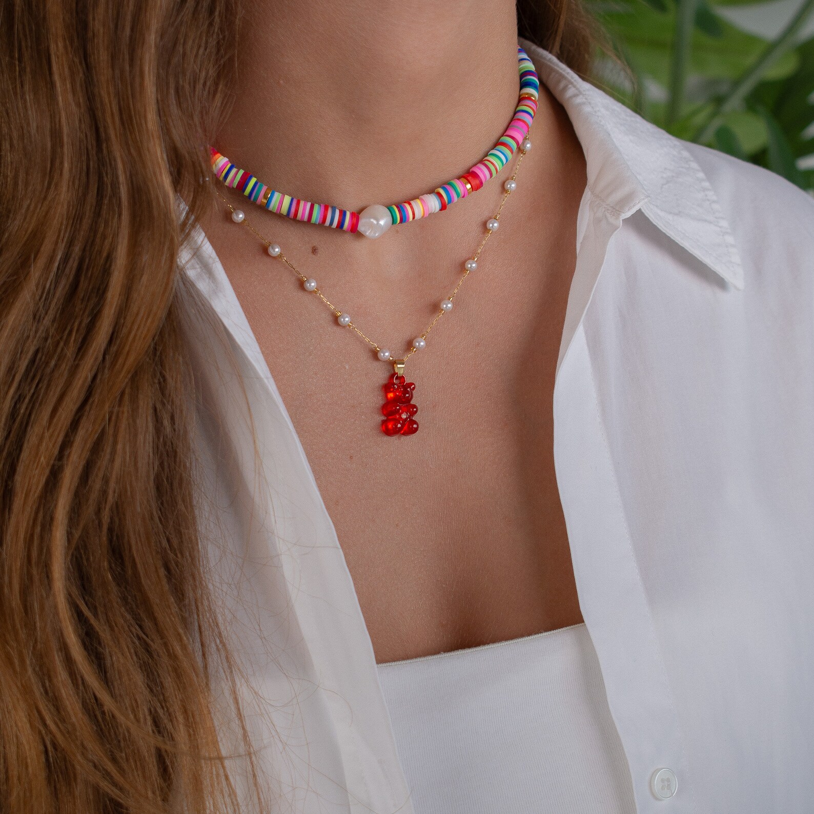 Pearl Chain Gummy Bear Charm Necklace, Beaded Colorful Necklace ...