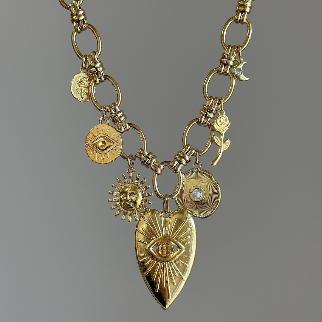 Chunky Charm Necklace, Custom Charm Necklace, Gold Vintage Charm ...