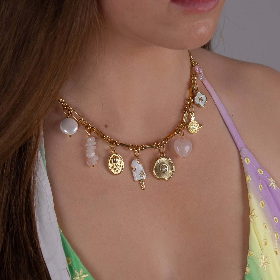Custom Charm Necklace, Gold Chunky Chain Charm Necklace, Vintage Charm ...