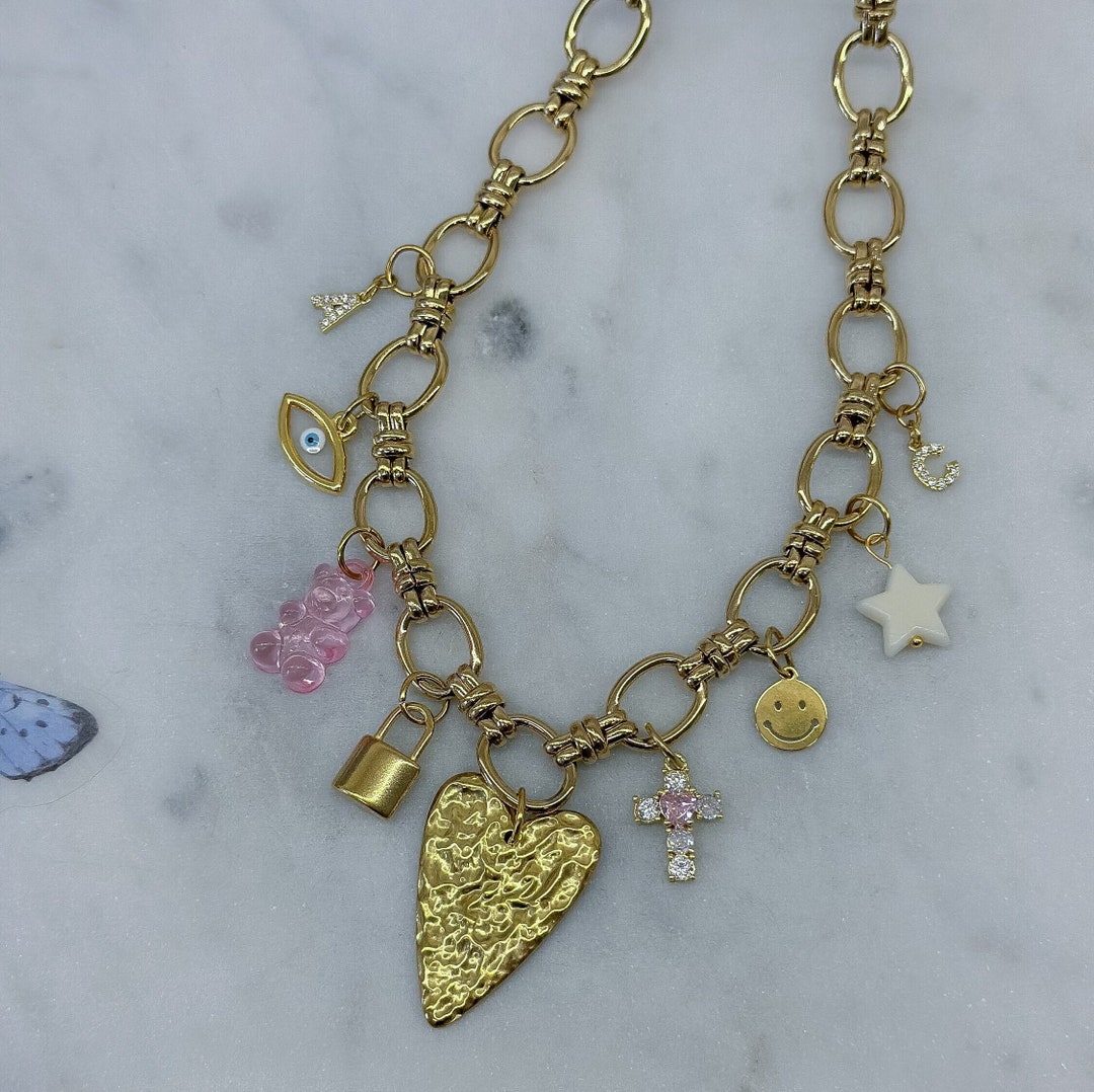 Chunky Charm Necklace, Custom Necklace, Gold Heart Cross Eye Lock ...