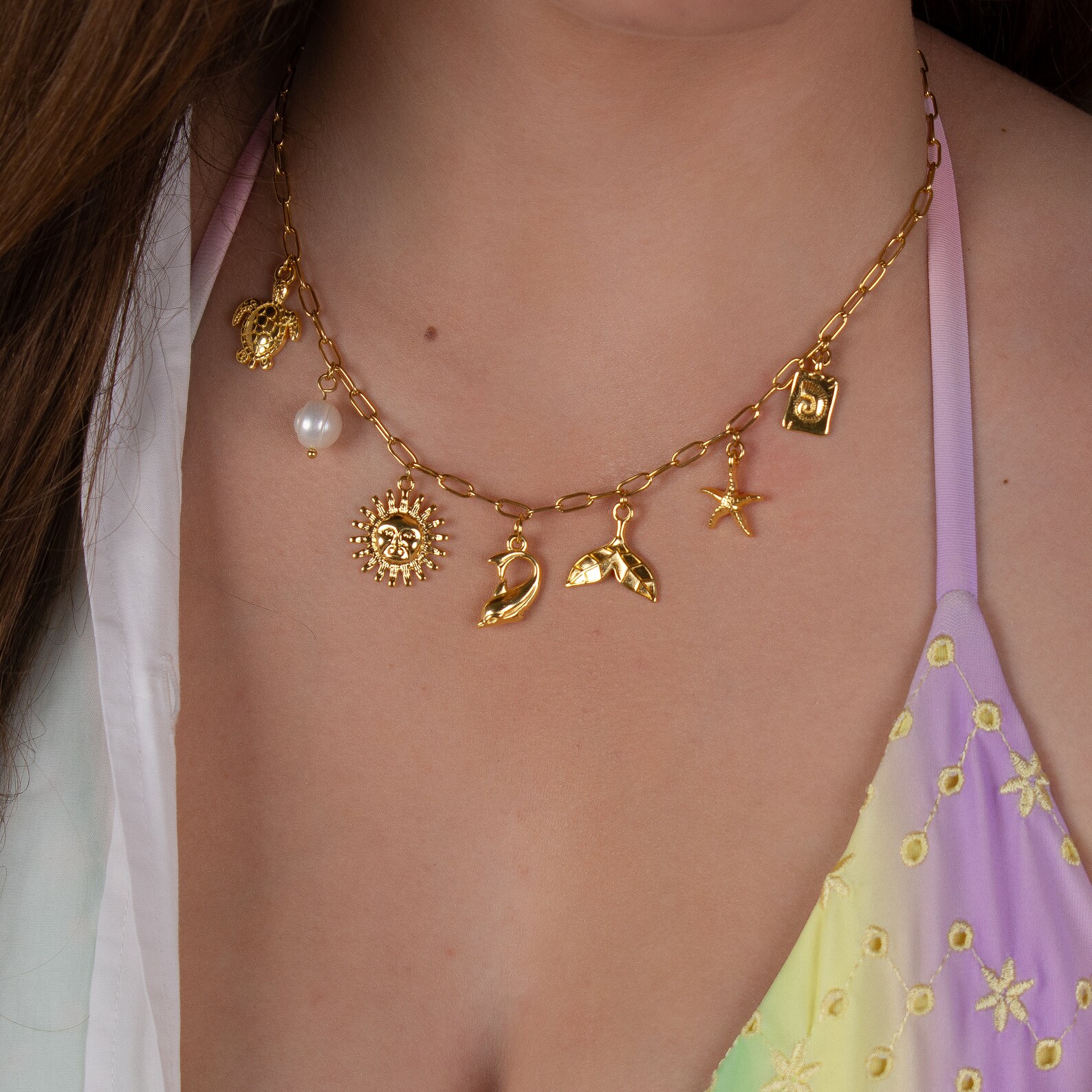 Chunky Charm Necklace, Gold Sun Starfish Pearl Turtle Dolphin Charm ...