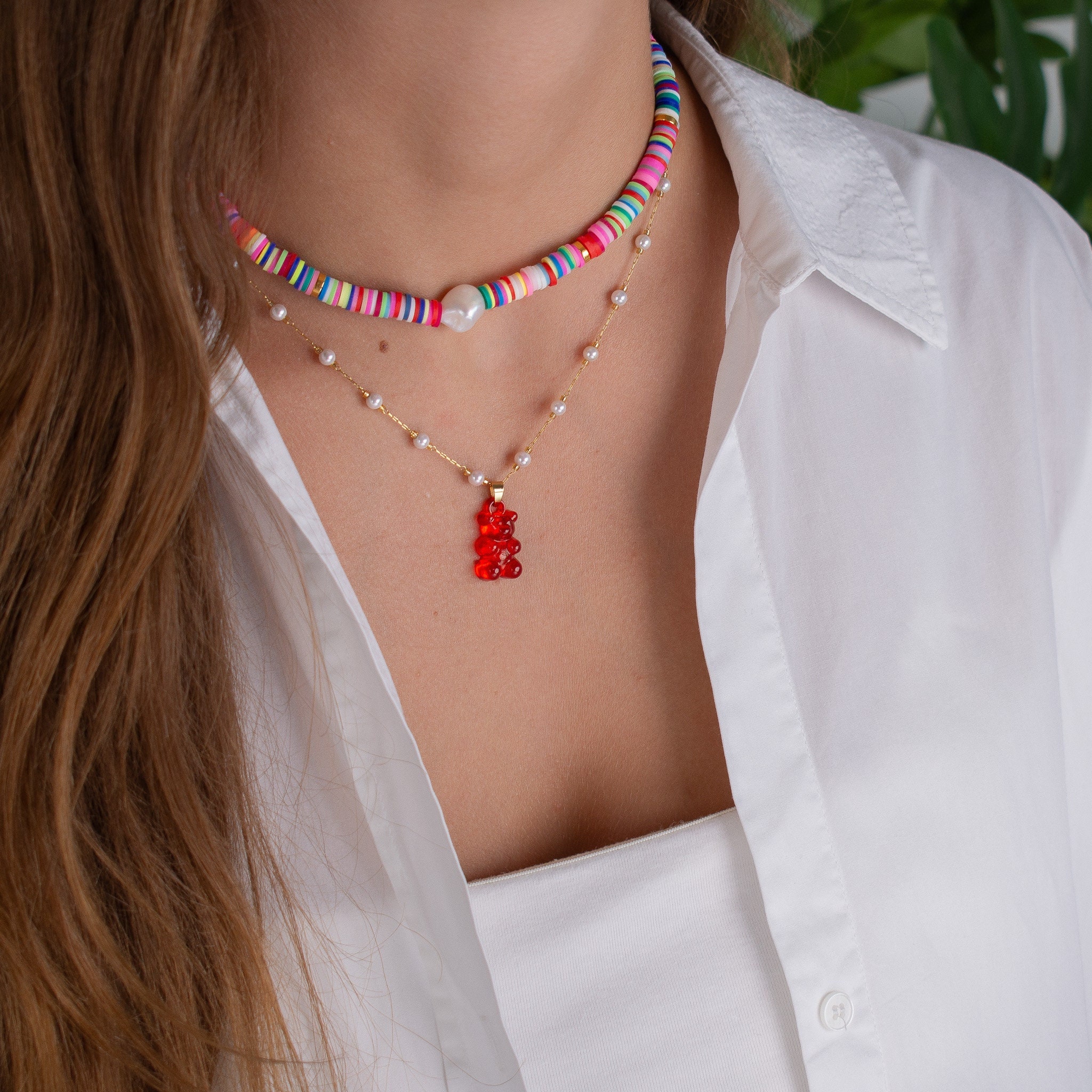 Pearl Chain Gummy Bear Charm Necklace, Beaded Colorful Necklace ...