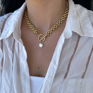 Chunky Chain Necklace, Thick Toggle Necklace Pearl, Heavy Large Choker ...