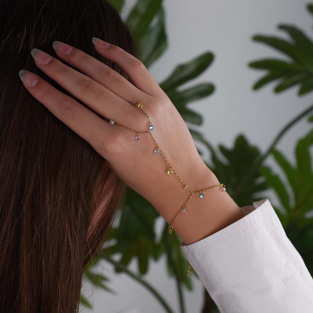 Gold Hand Chain Bracelet, Dainty Colorful Bracelet, Thin Chain Bracelet ...