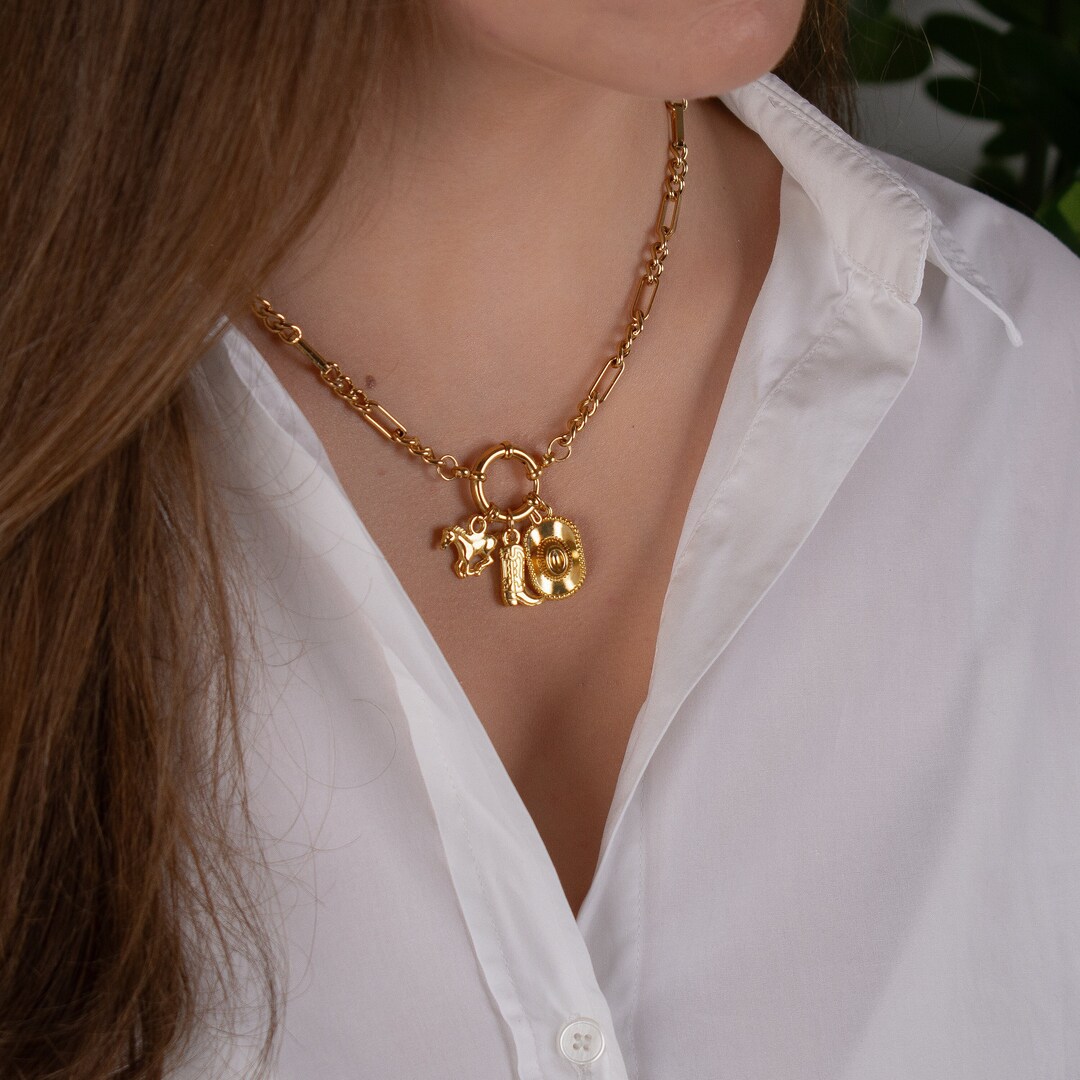 Custom Charm Necklace, Western Gold Cowboy Boots Western Charm Necklace ...
