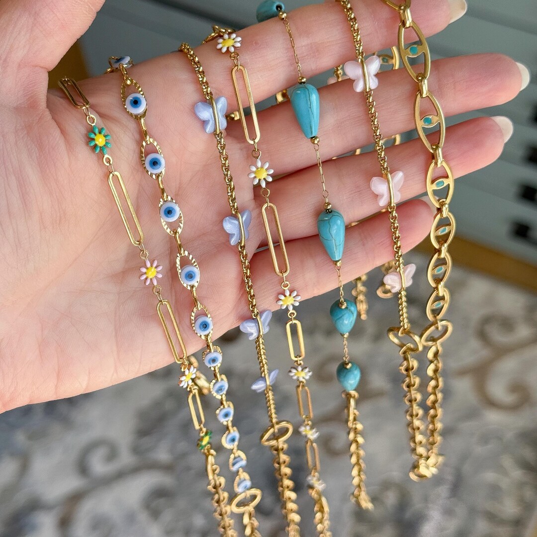 Custom Bag Chain, Gold Purse Chain Handbag Accessorry, Handbag Blue Eye Butterflies Flowers ...