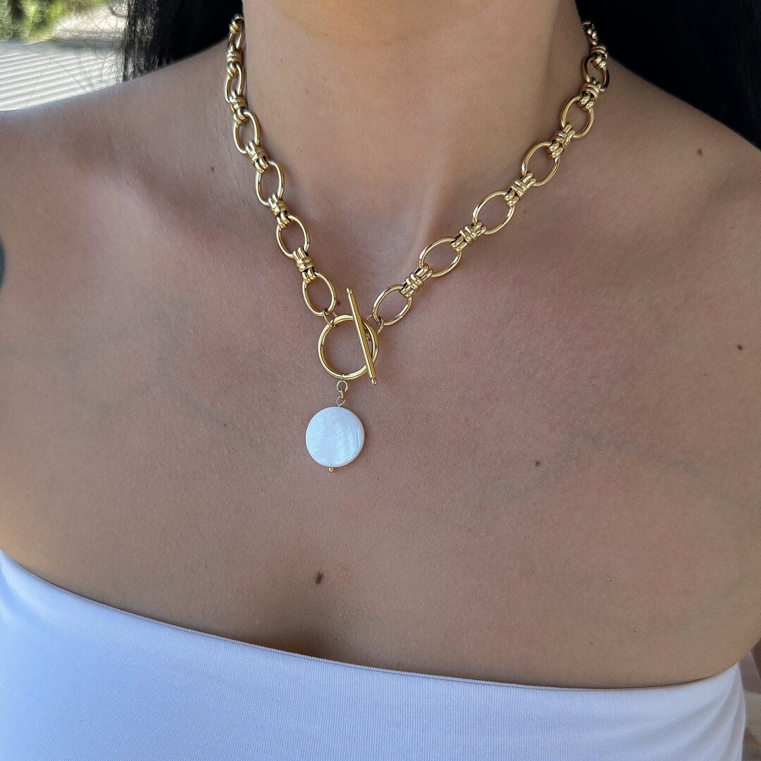 Chunky Shell Necklace, 18k Gold Oval Chain Necklace, Heavy Large Chain ...