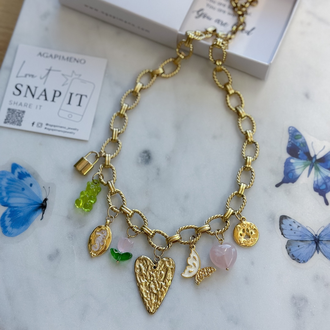 Custom Charm Necklace, Gold Chunky Charm Necklace, Vintage Flower Heart ...