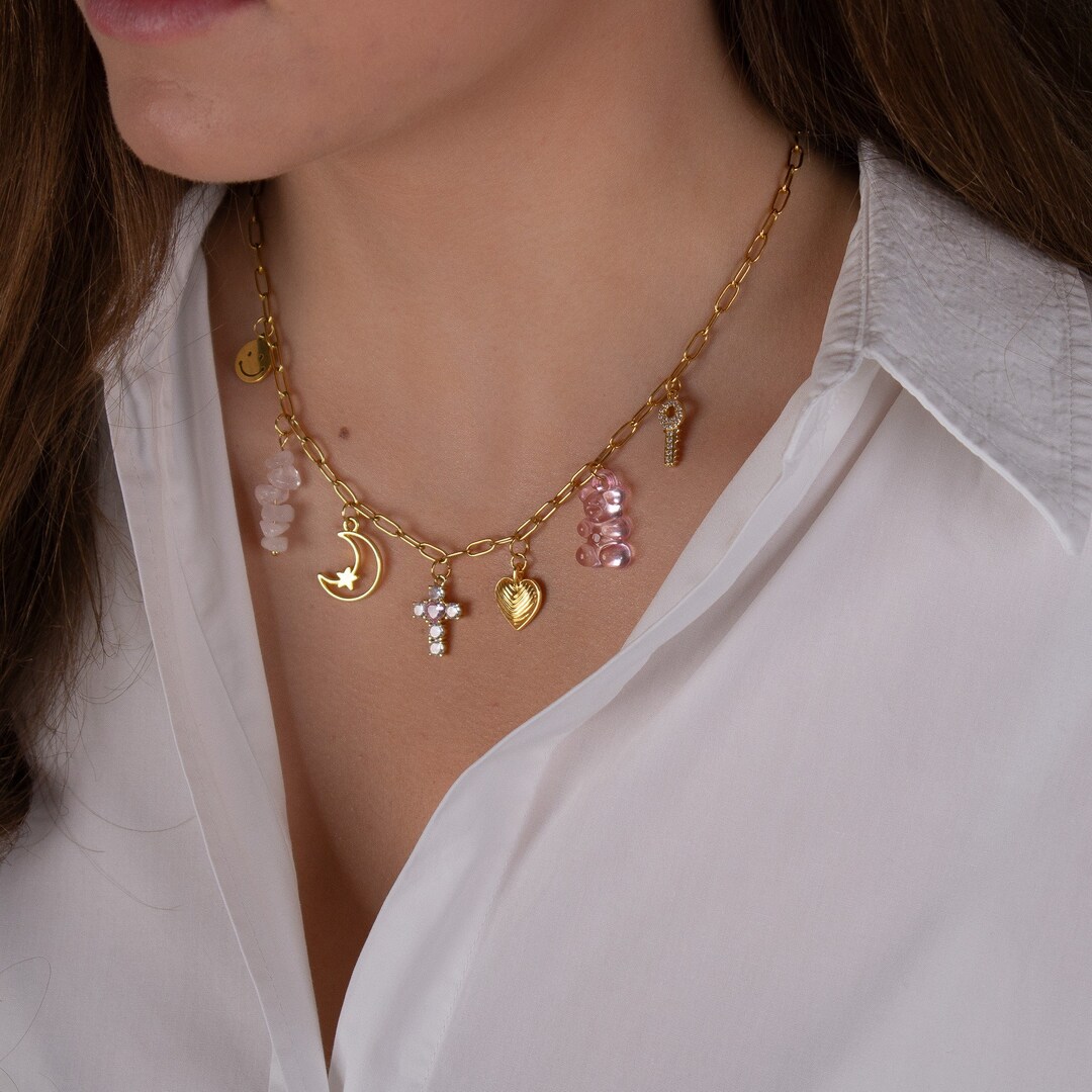 Custom Charm Necklace, Gold Chunky Chain Charm Necklace, Vintage Charm ...