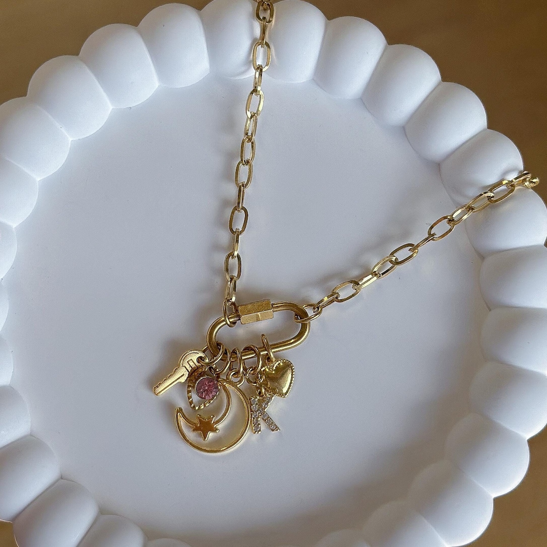 Custom Charm Necklace, Gold Tiny Carabiner Necklace, Lock Chain Necklace, Personalized Jewelry ...