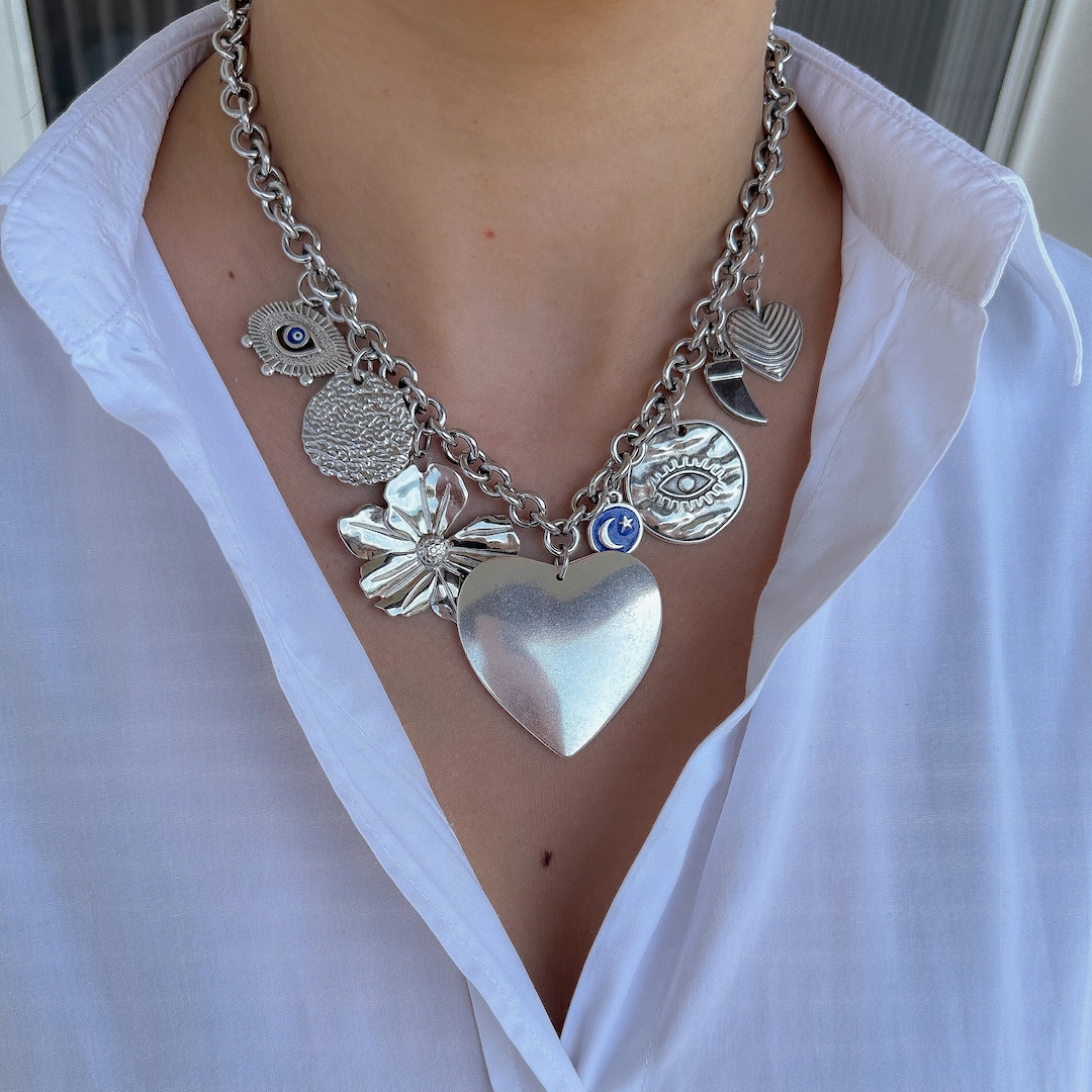 Chunky Charm Necklace, Silver Oversized Extra Large Charm Necklace, Vintage Custom Charm Jewelry ...