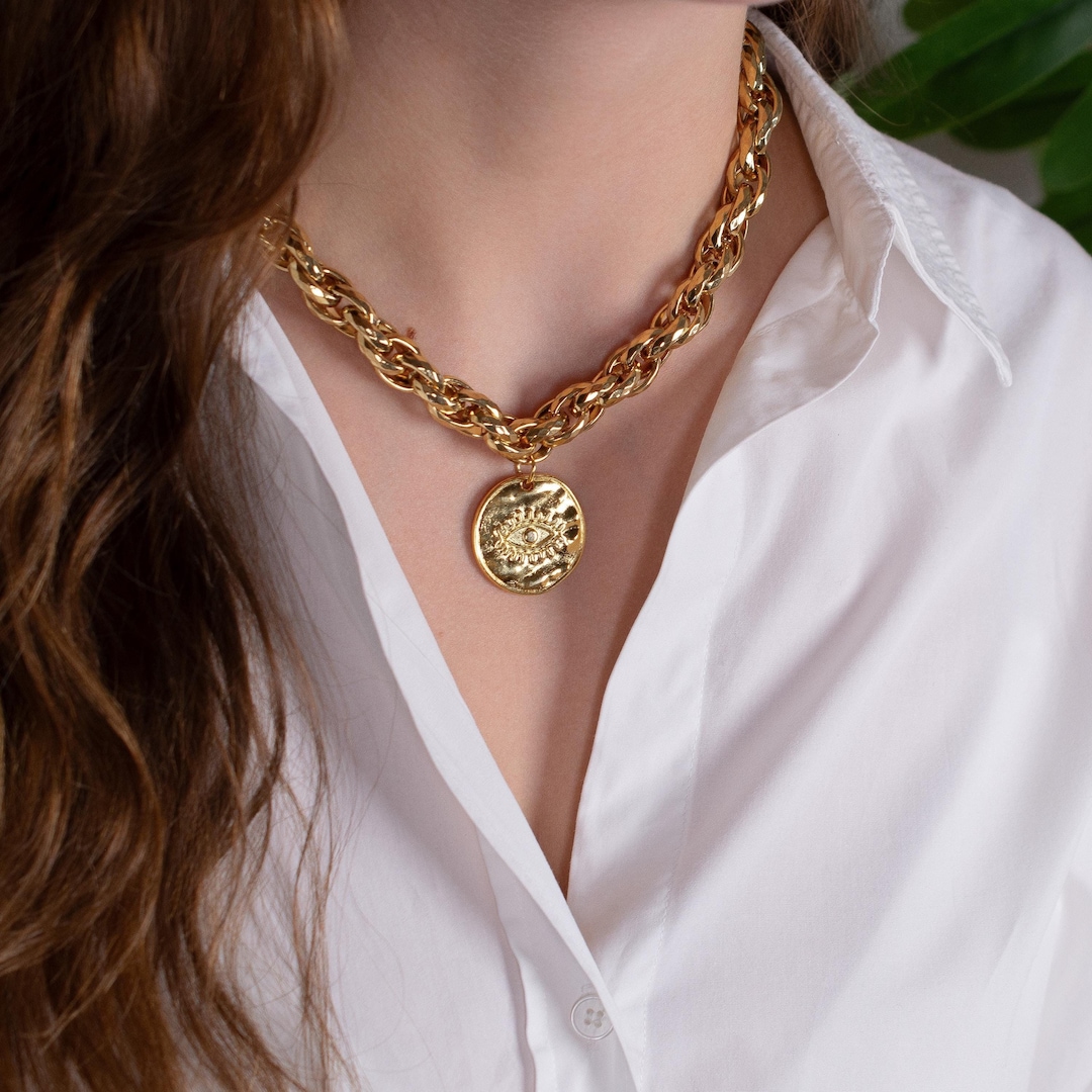 Gold Chunky Pendant Necklace, Oversized Coin Necklace, Thick Heavy ...