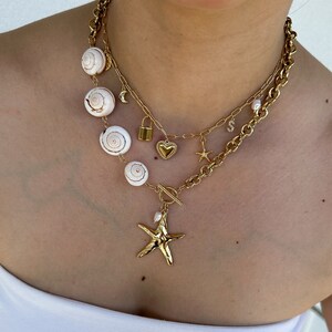 Gold Chunky Charm Necklace, Summer Natural Shell Necklace, Gold Stack Charm Necklace, Mermaid ...