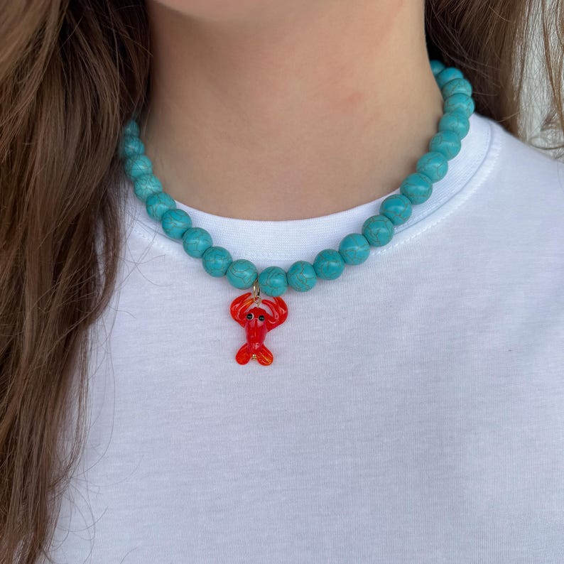 Turquoise Summer Necklace, Red Lobster Necklace, Beaded Tropical ...