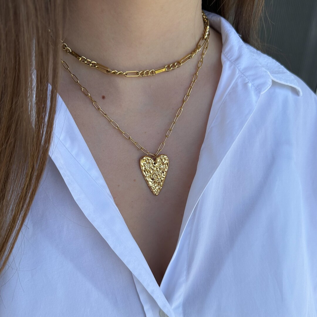 Gold Heart Necklace, Large Heart Charm Necklace, Layering Necklace Long ...