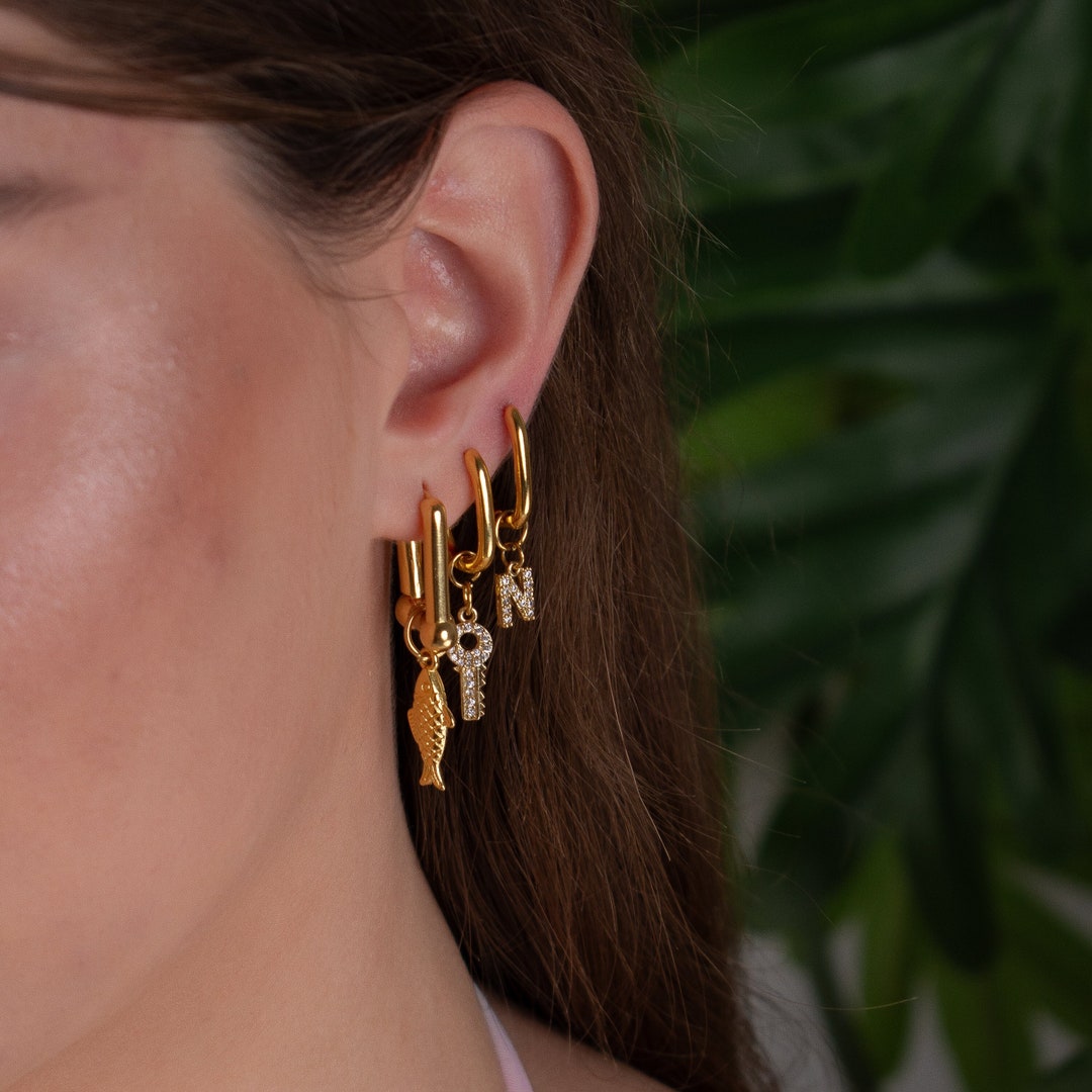 Custom Charm Earrings, Gold Dangle Charm Earrings, Vintage Hoop ...