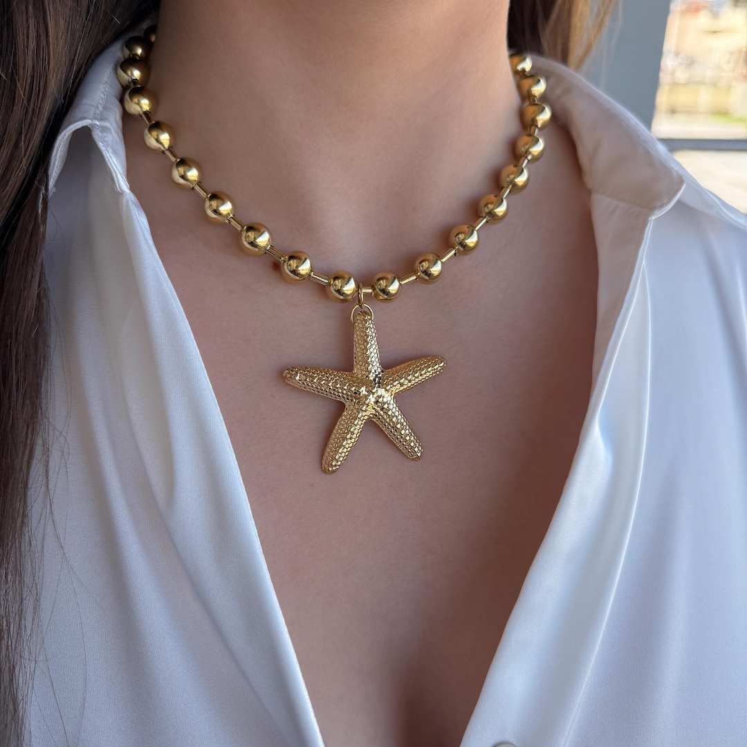Large Starfish Necklace, Gold Chunky Summer Necklace, Big Pendant ...