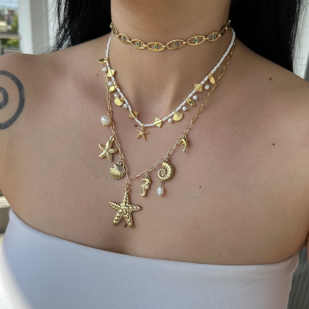 Stack Necklace, Layered Necklace Set, Charm Necklace Gold, Summer ...