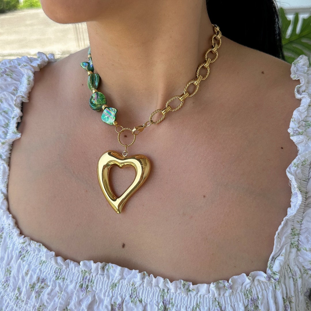 Gold Chunky Chain Necklace With a Large Heart Charm, Oversized Charm ...