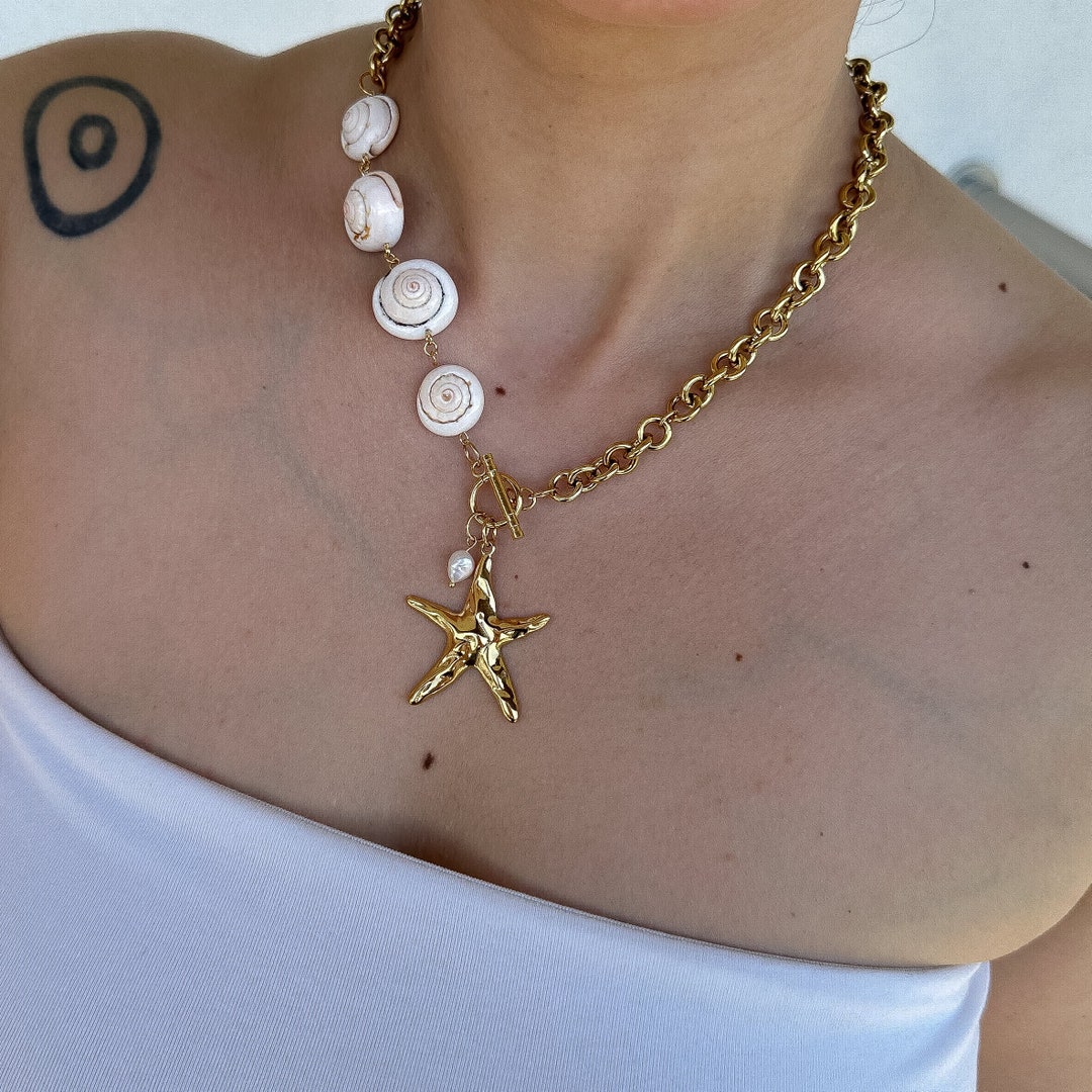 Gold Chunky Starfish Charm Necklace, Summer Natural Shell Necklace ...