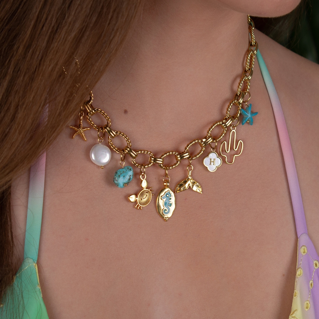 Custom Charm Necklace, Gold Chunky Charm Necklace, Vintage Chain Charm ...