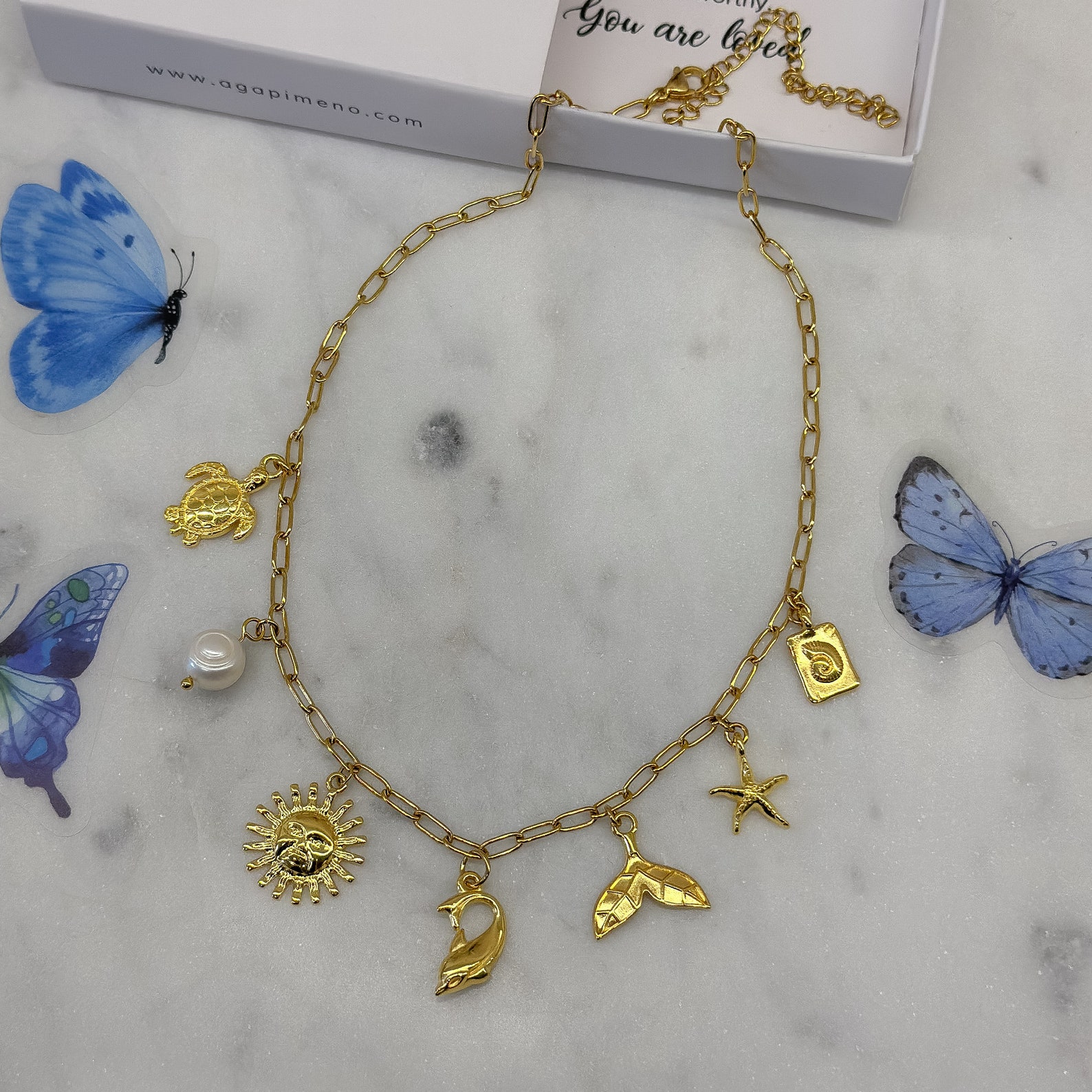 Chunky Charm Necklace, Gold Sun Starfish Pearl Turtle Dolphin Charm ...