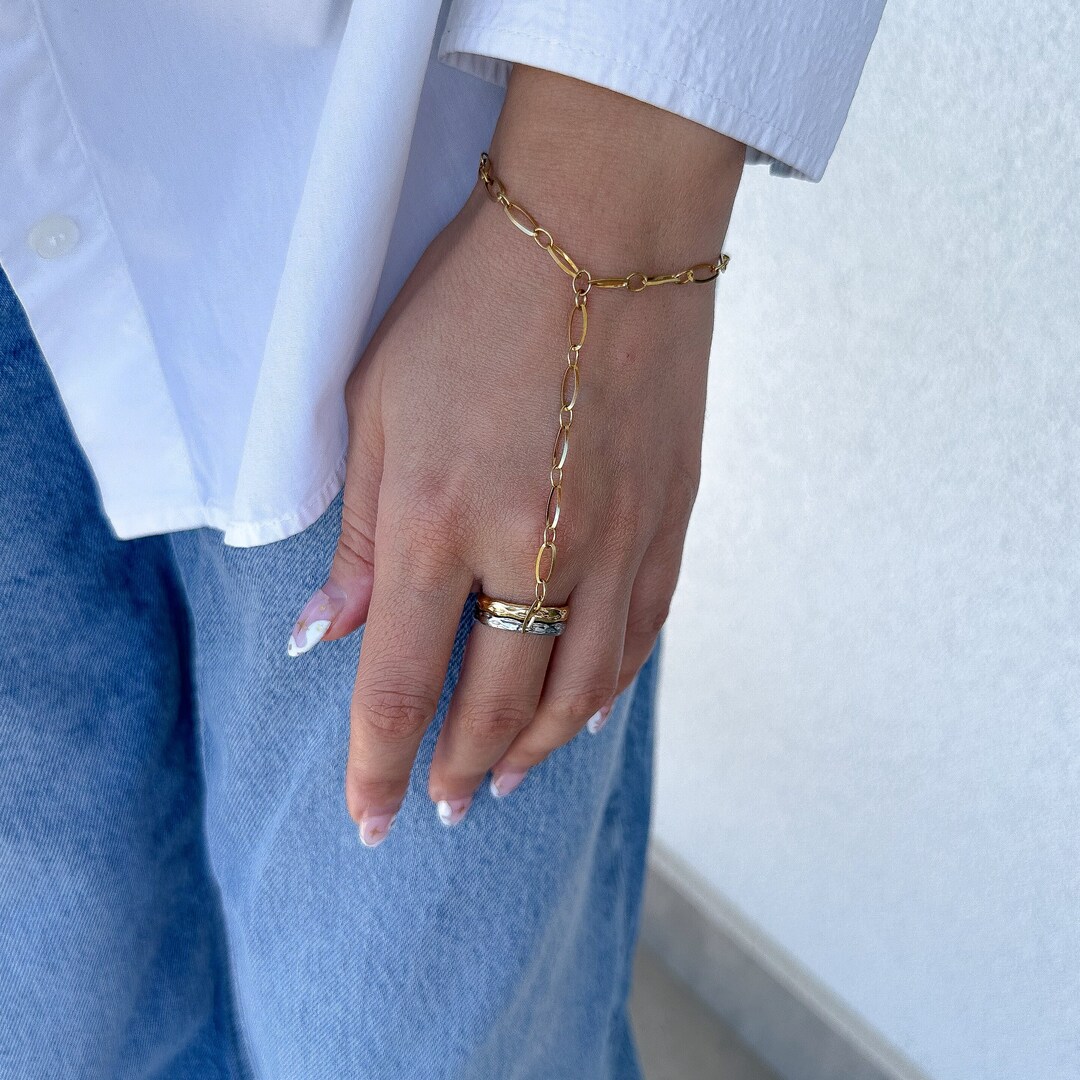 Gold Hand Chain, Dainty 18k Gold Plated Mixed Metal Hand Chain Ring, 2 ...