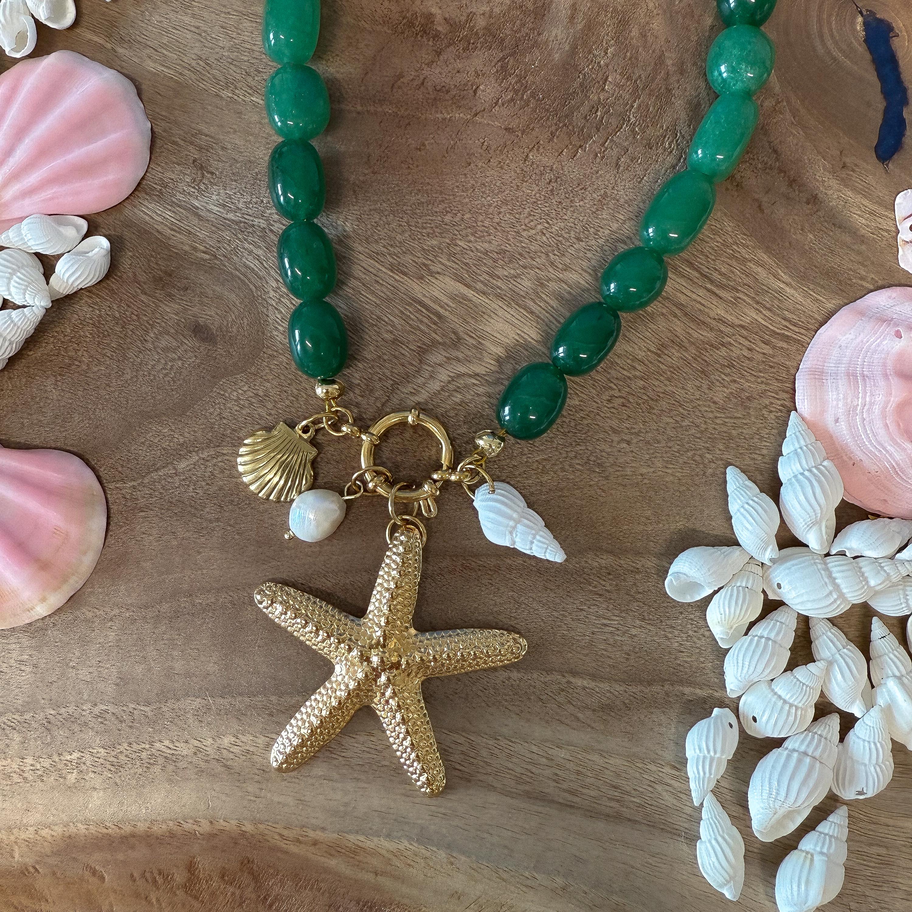 Chunky Starfish Necklace, Oversized Beaded Necklace, Green Gemstone ...