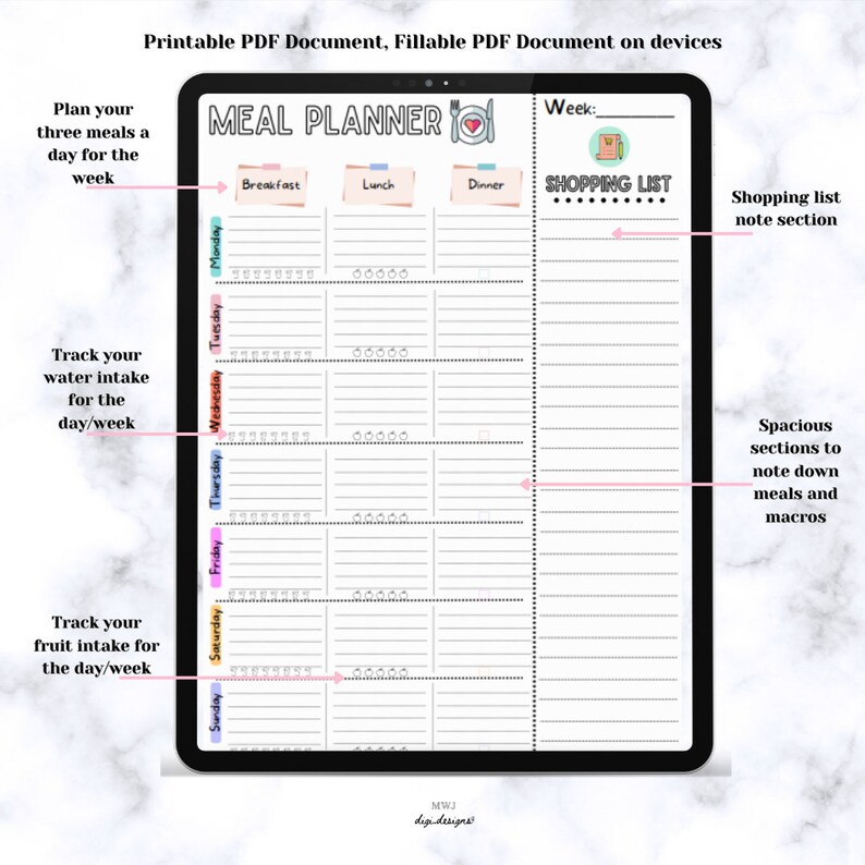 Weekly Meal Planner Printable, Food Diary, Meal Tracker, Food Journal ...