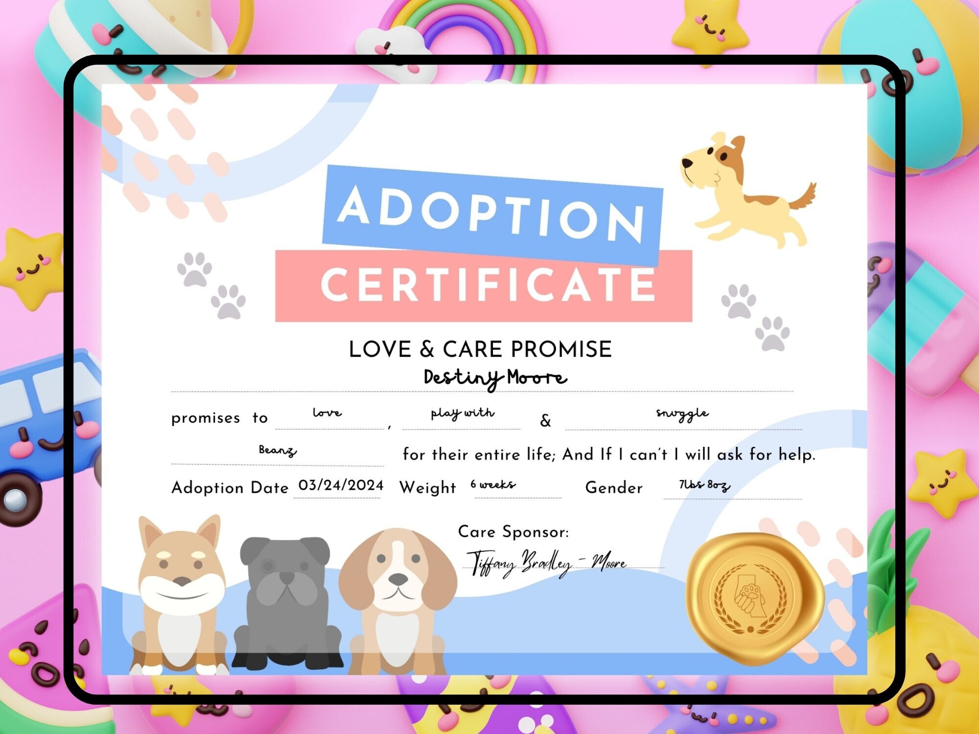 Adopt A Pet Puppy Adoption Certificate for New Dog Owners, Dog Adoption ...
