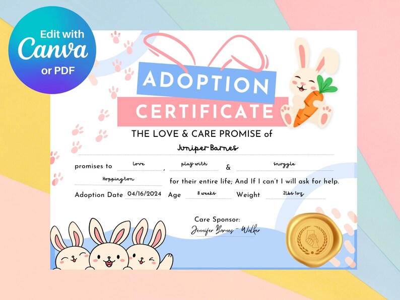 Adopt A Pet Bunny Adoption Certificate, Easter Rabbit Adoption for ...