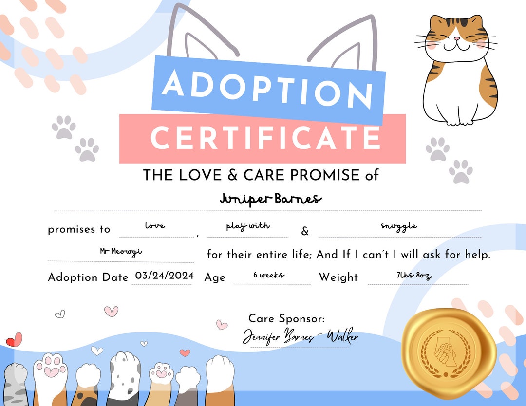 Cat Adoption Certificate for Children, New Pet Responsibility Promise ...