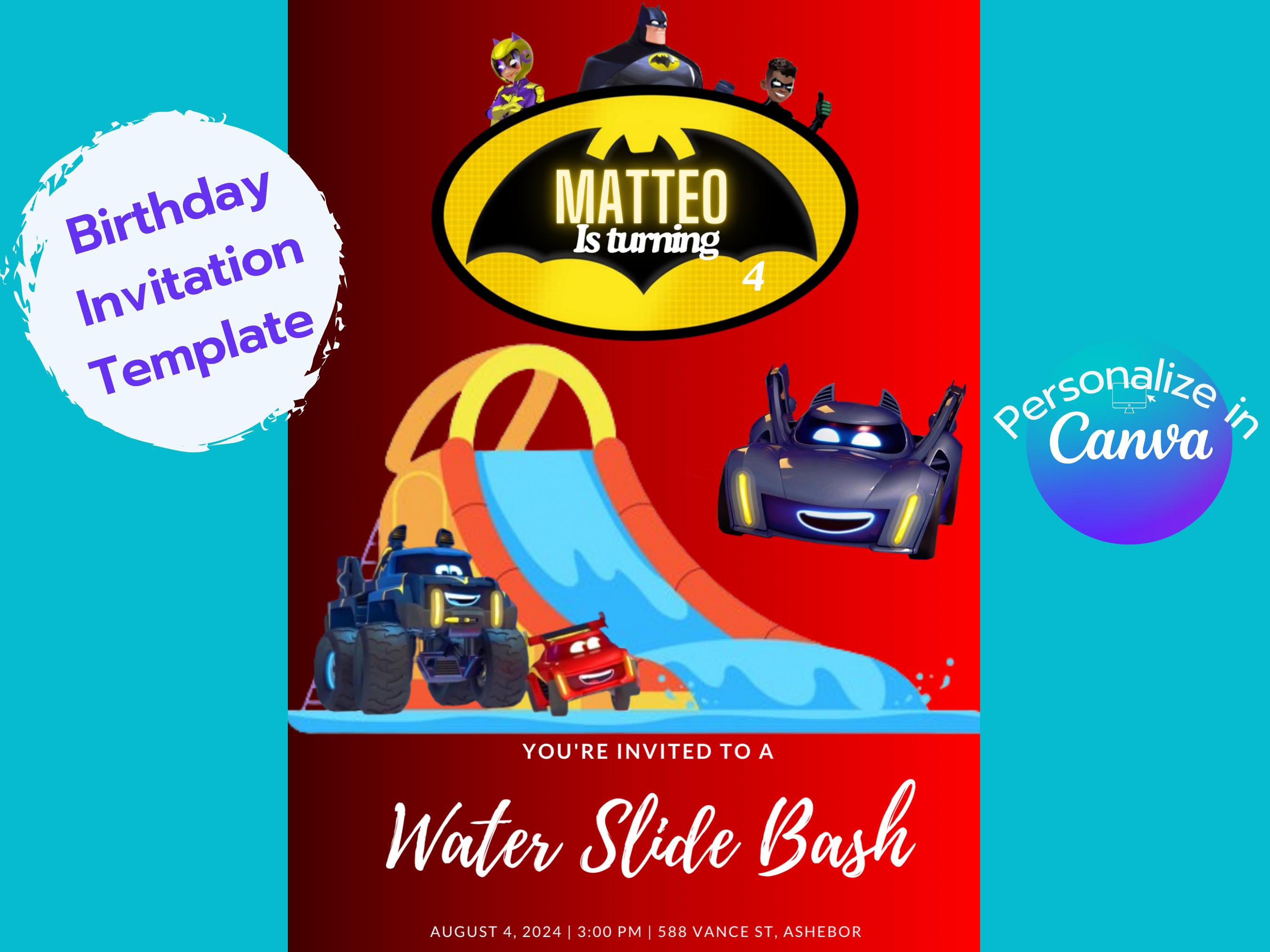 Batwheel-water Bash Birthday Invitation - Etsy