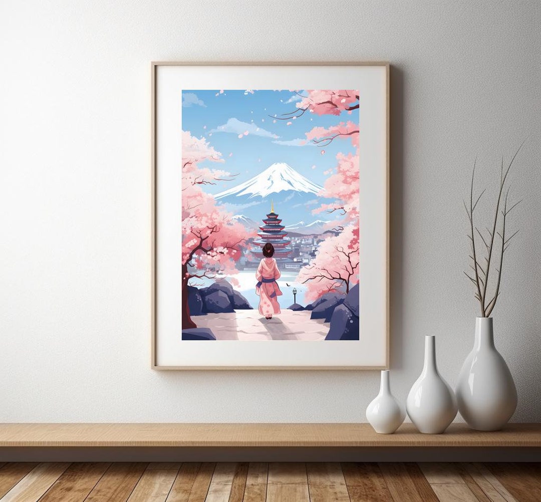 Japanese Geisha Poster and Pastel Colored Cherry Trees With a Note of ...