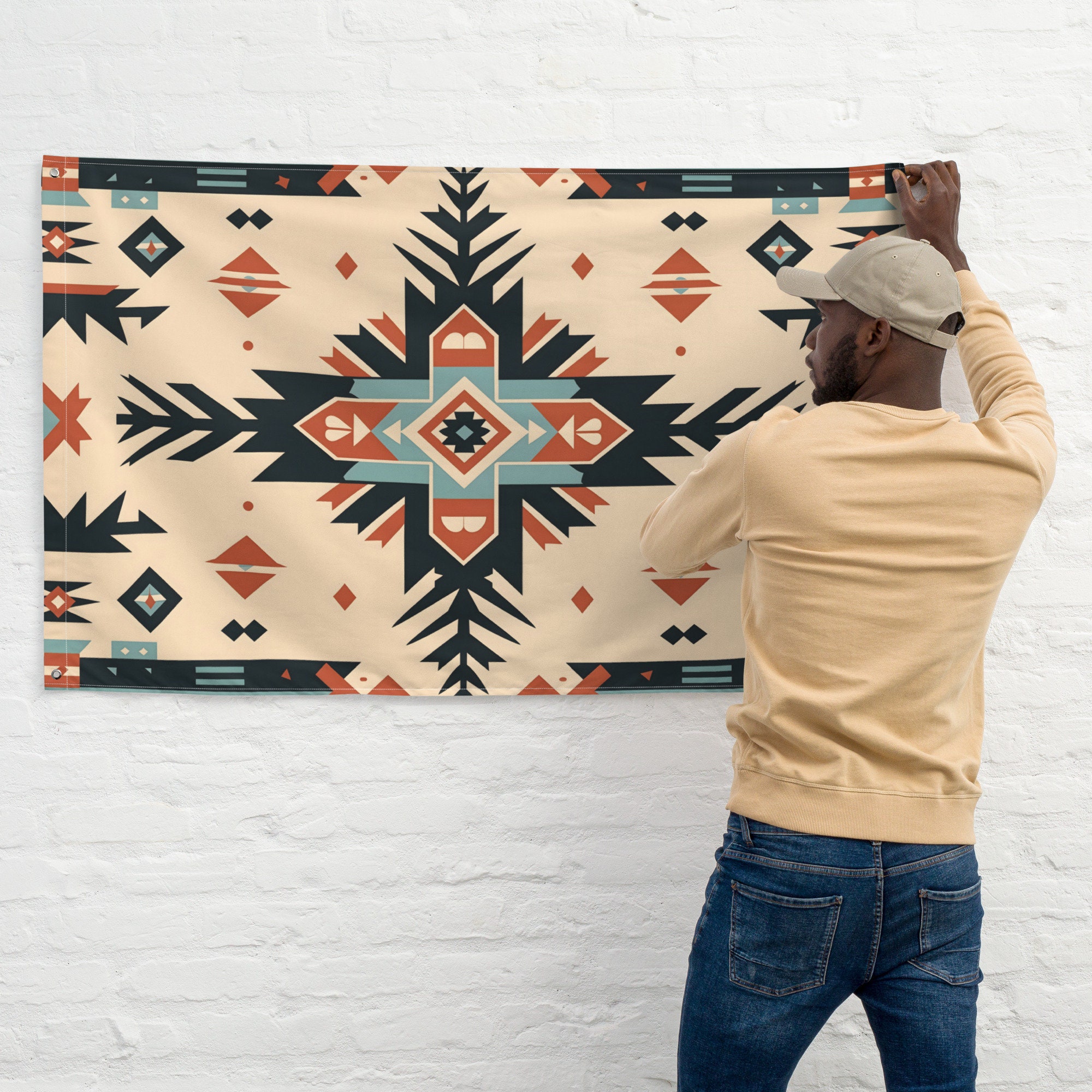 Native American Ethnic Wall Tapestry. Beige, Blue, Red Fabric Hanging ...