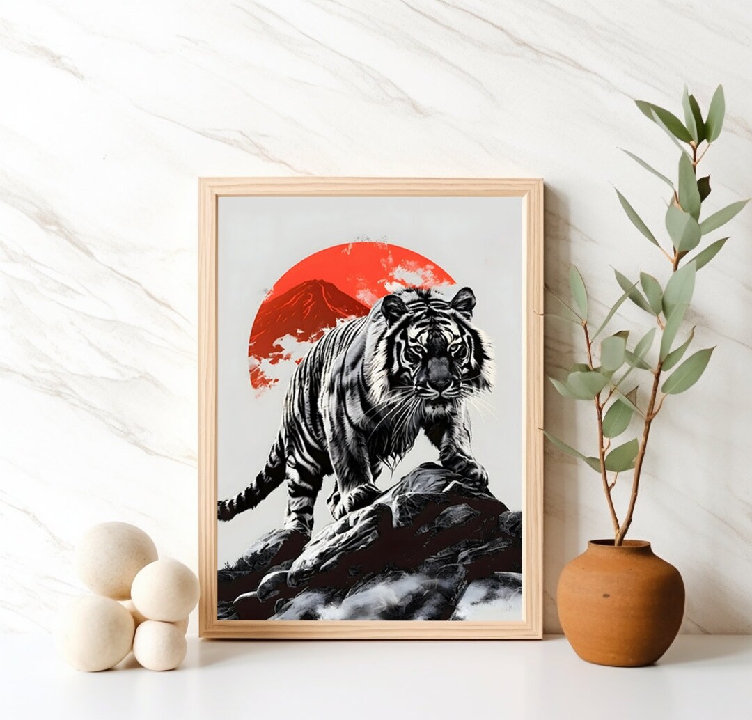 Preppy Tiger Poster, Asian Theme, Black and White . Japan Poster, Mount ...