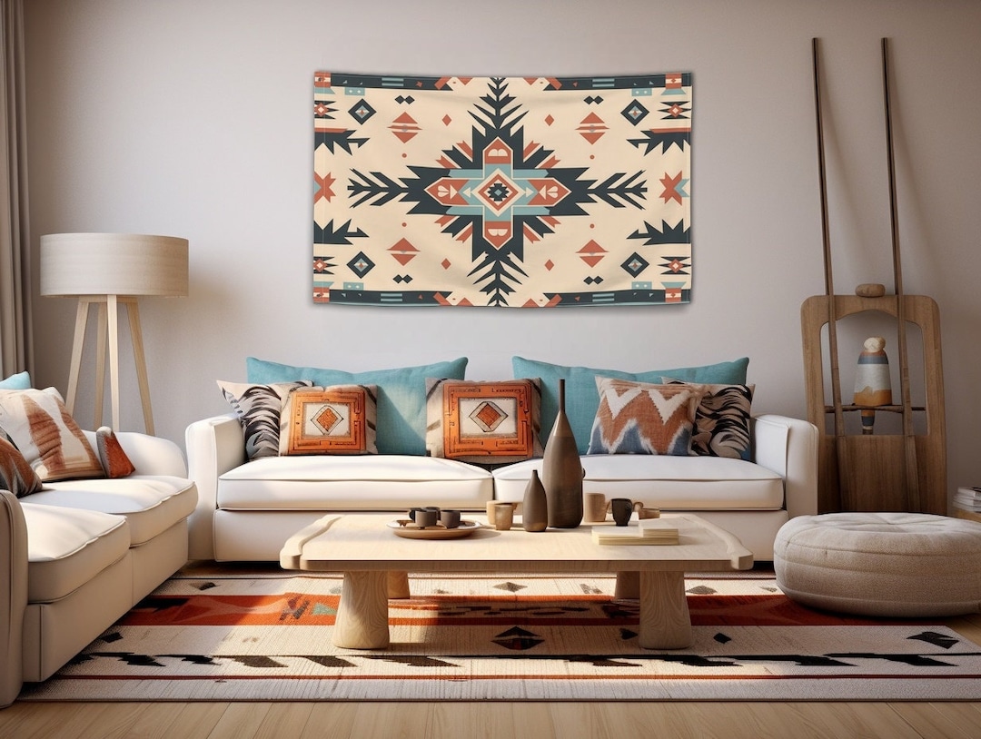 Native American Ethnic Wall Tapestry. Beige, Blue, Red Fabric Hanging ...