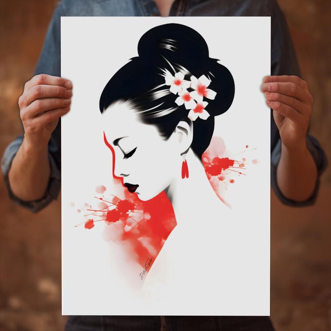 Minimalist White and Red Geisha Poster Print. Japanese Geisha Poster ...