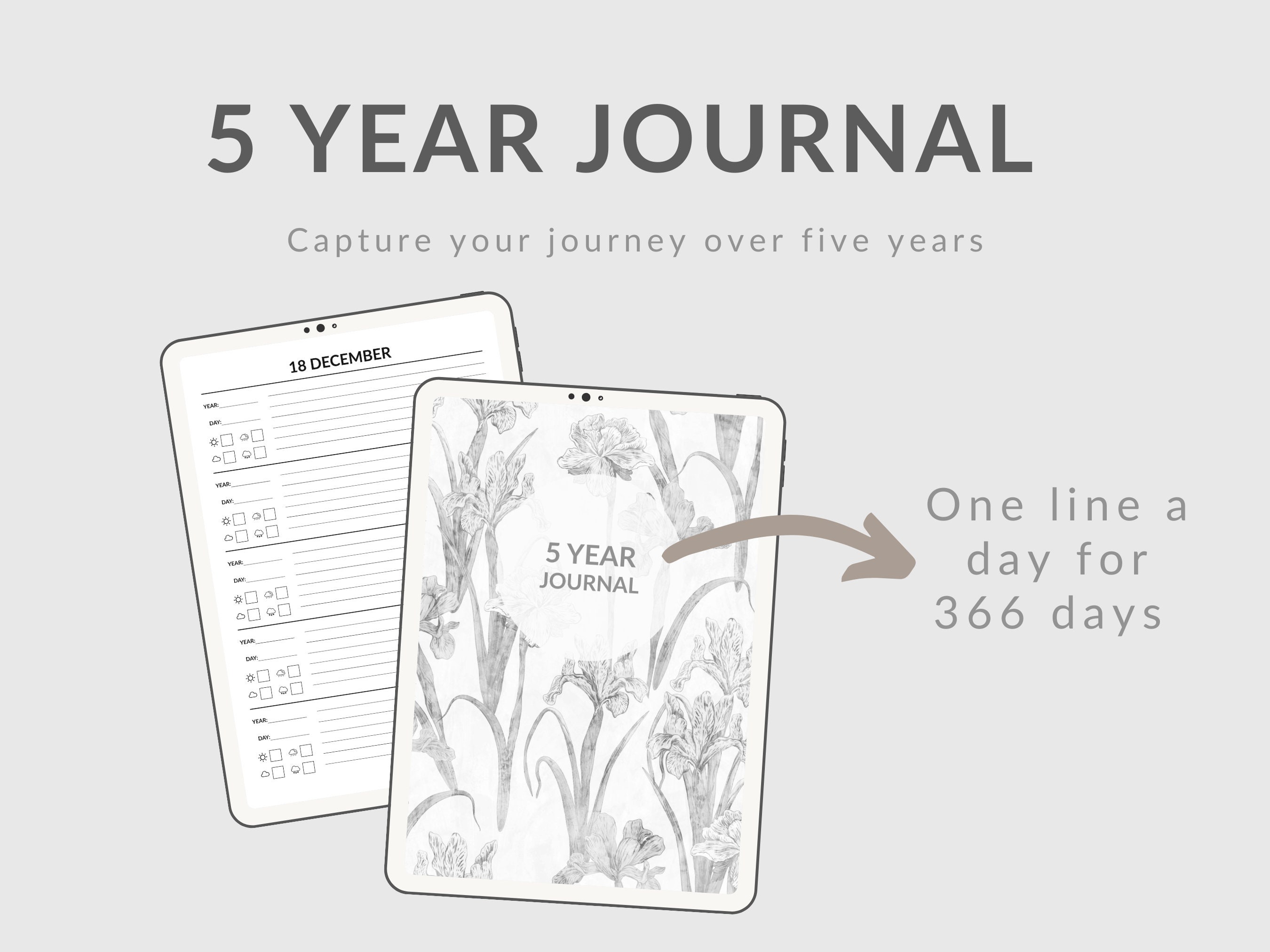 Five Year Printable Daily Journal Diary, US Letter, A4 PDF, One Line a ...
