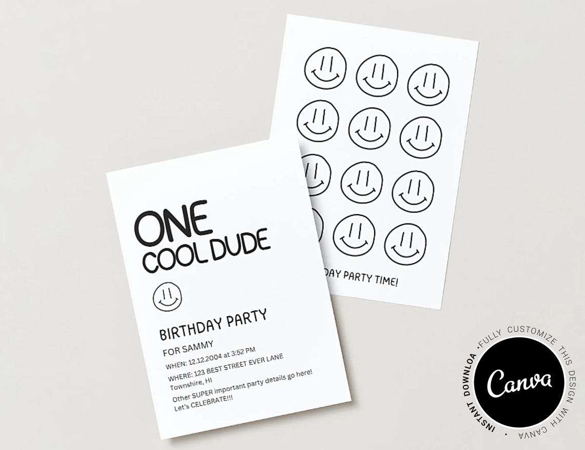 ONE Cool Dude Birthday Invitation! Trendy Smiley Face Birthday ...