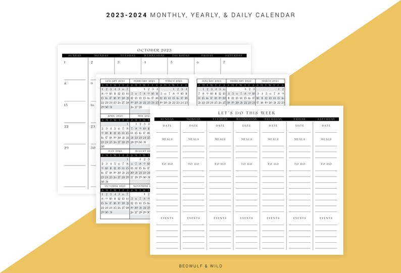 Printable Calendar 2023-2024 Monthly Yearly Daily - Etsy